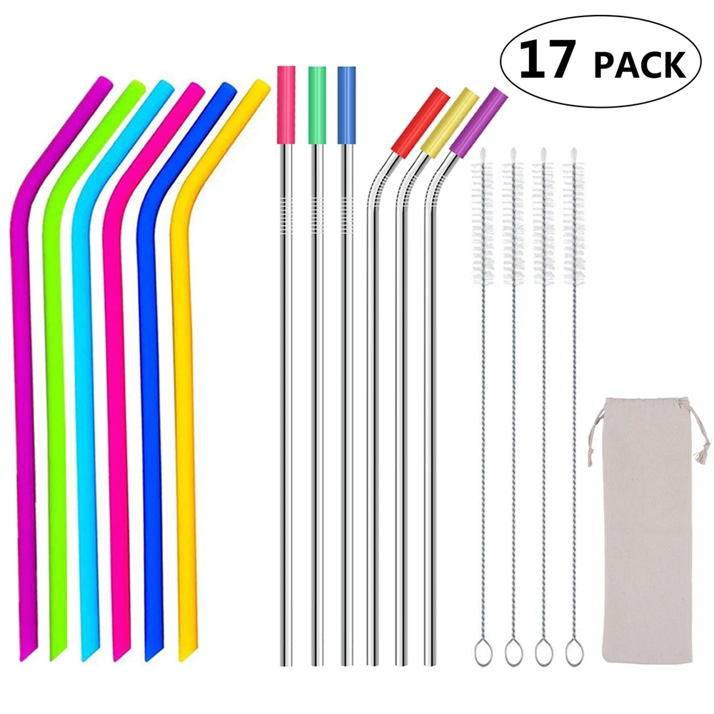 12 Pack Regular Size Silicone Straws And Stainless Steel Straws Set ...