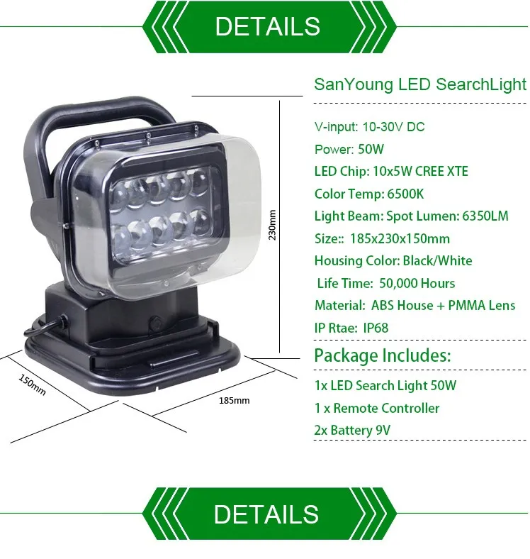12v 24v Led Searchlight 50w Remote Control For Vehicles Car Ship Marine ...