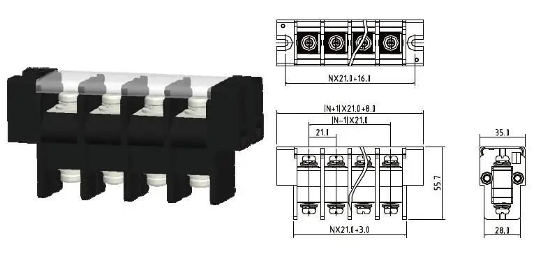 Pitch 21.0mm Fire Resistant Screw High Temperature Barrier Terminal Block