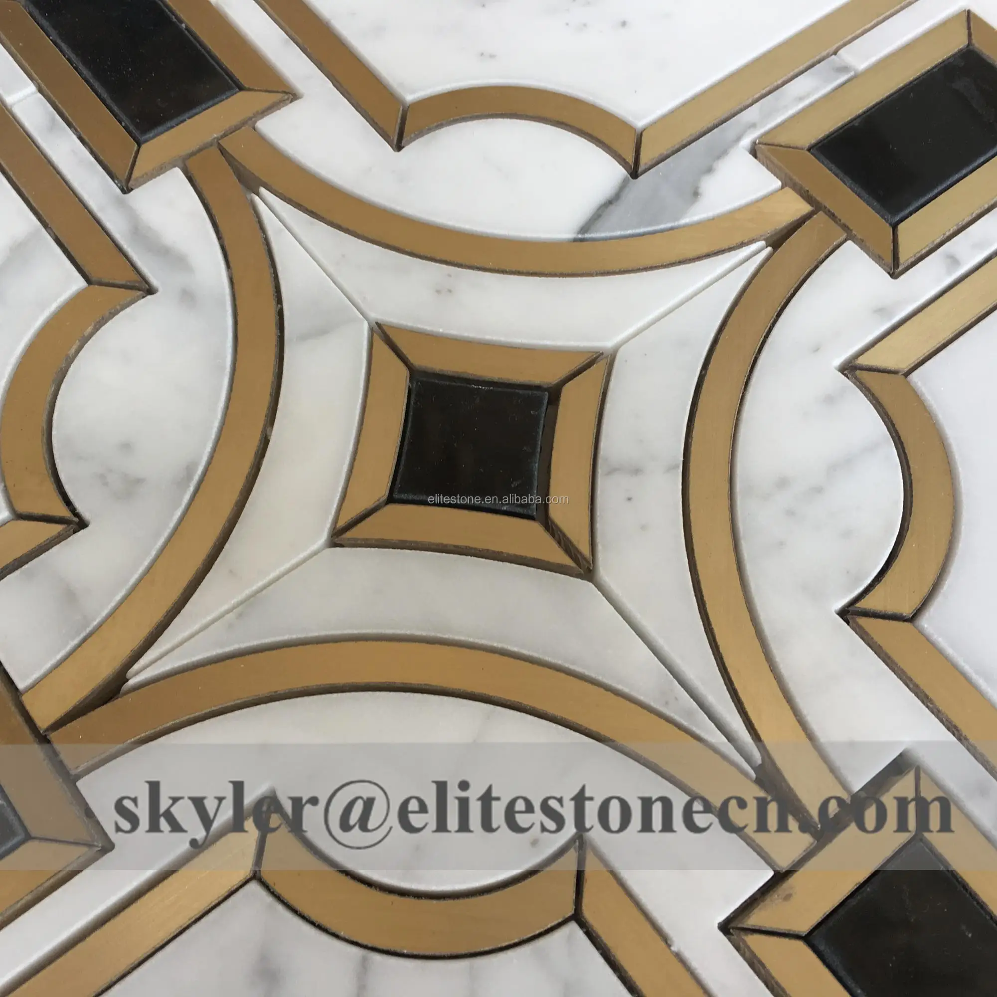 Brass Inlay Arabescato White Marble Waterjet Mosaic Tile