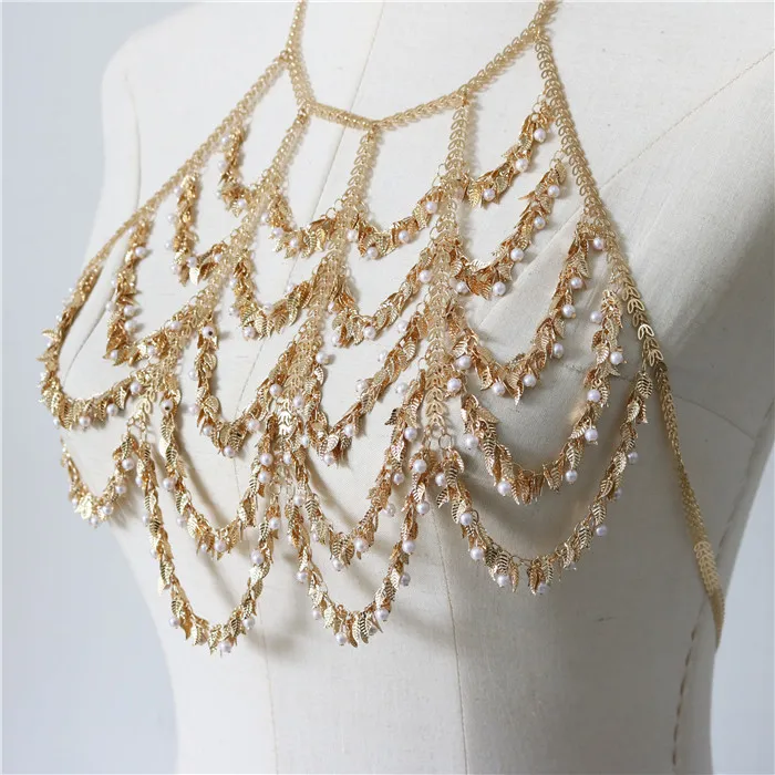 Leaf Pearl Chain Bra Gold Plating Harness Breast Belly Chain Body ...