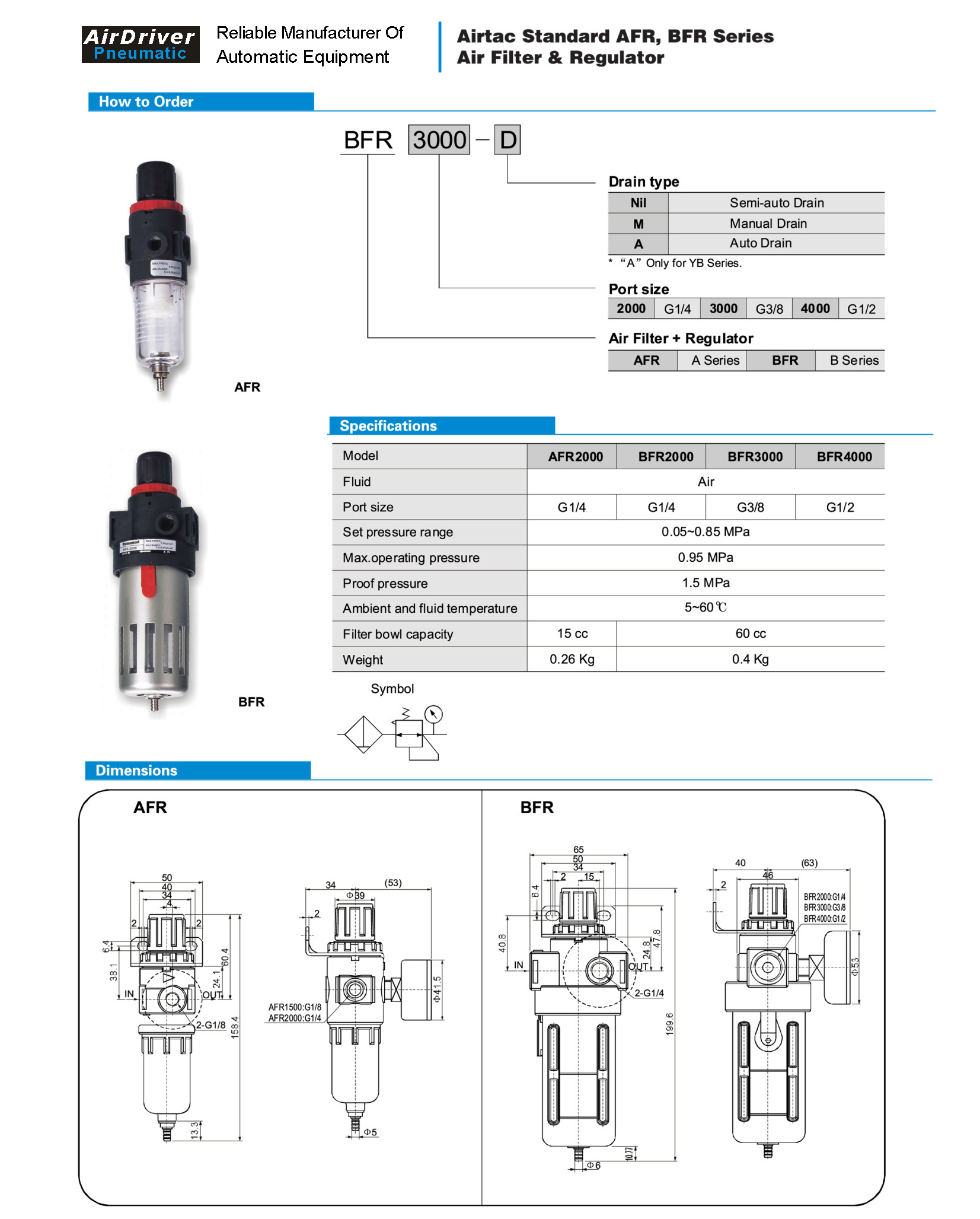 AirTac Pressure Regulator AFC2000 FRL Air Filter Regulator Pneumatic ...
