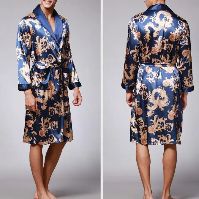 High Quality Mens Silk Satin Robe Nightgown Long Sleeve House Kimono ...