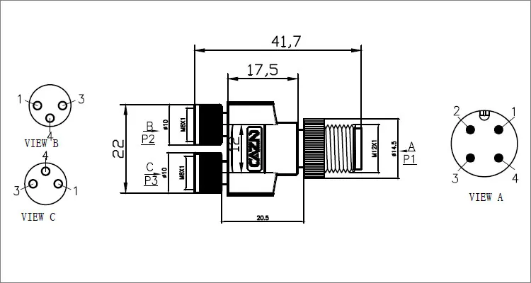 M12 To M8 Y Type Distributor Connector Male 4pin To 2* Female 3pin Plug ...