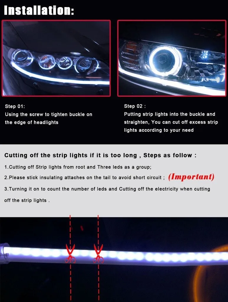 45cm 60cm Drl Light Guide Strip White/yellow Dual Color Led Headlight ...