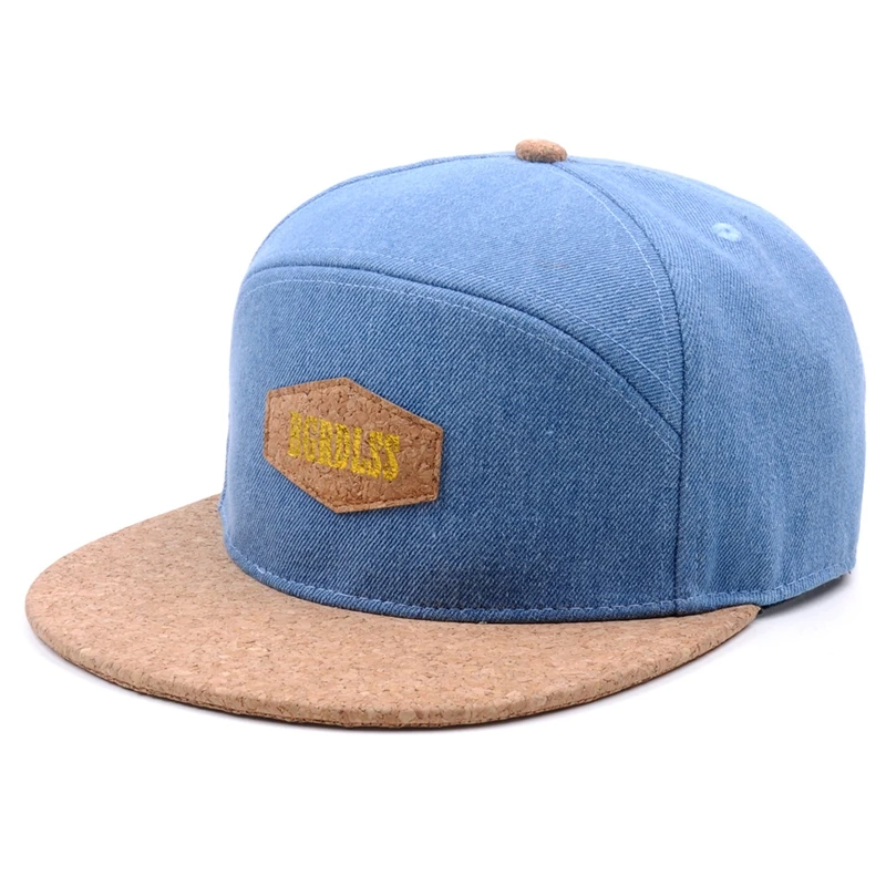 Unique Design Flat Brim Custom Cork Patch 6 Panel Denim Snapback Cap ...