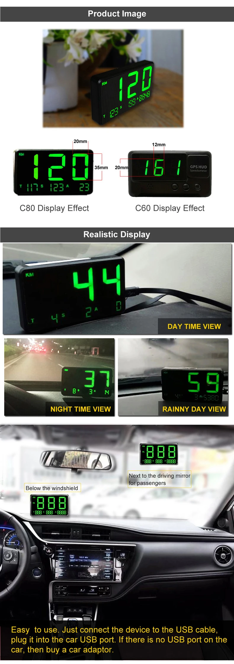 KINGNEED C80 Car Display with GPS Hud Speedometer Bluetooth Function ...