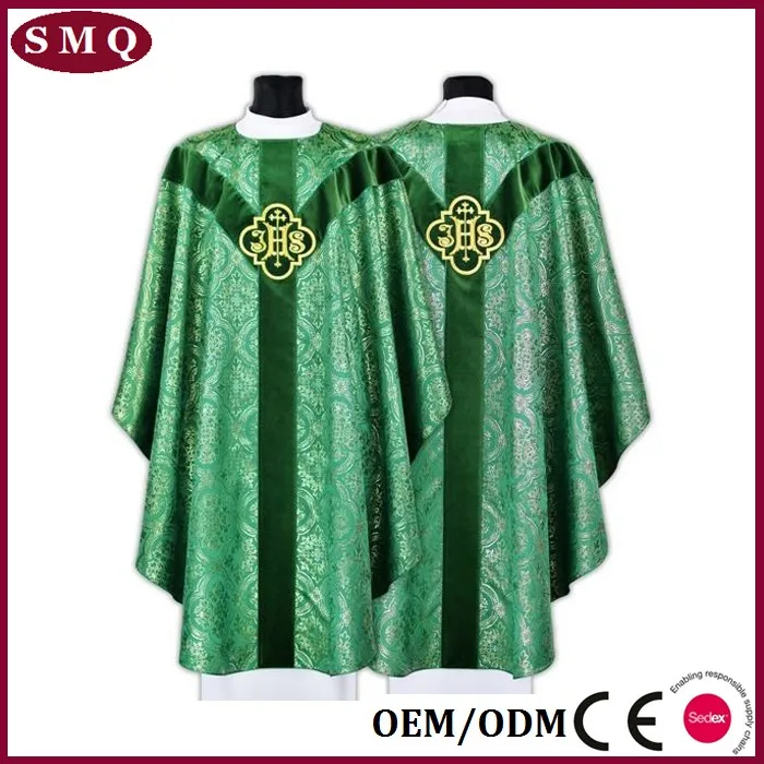 Green Church Priest Chasuble Men Embroidered Cassock Robe
