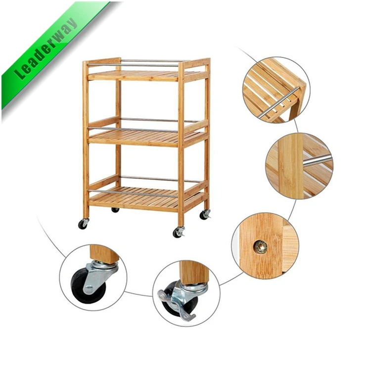 Hot Sale Bamboo Trolley With 3 Tiers Shelf Bamboo Storage Rolling Cart ...