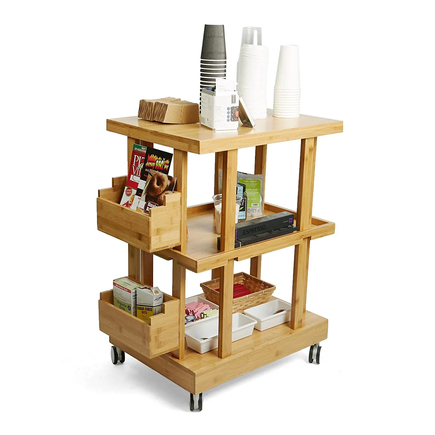 3-tier Bamboo Kitchen Utility Cart With 2 Storage Compartments - Buy ...