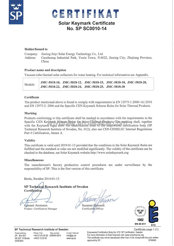 Solar Keymark En12975 Certified High Efficiency Vacuum Tube Solar ...