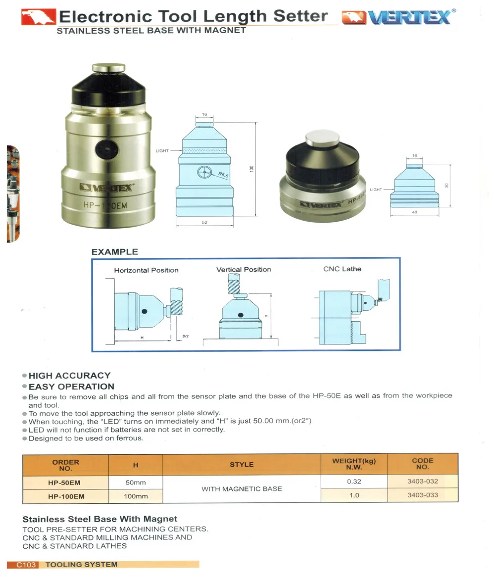 VERTEX HP-50EM Z-Axis Scale CNC Tool Setters with Magnetic