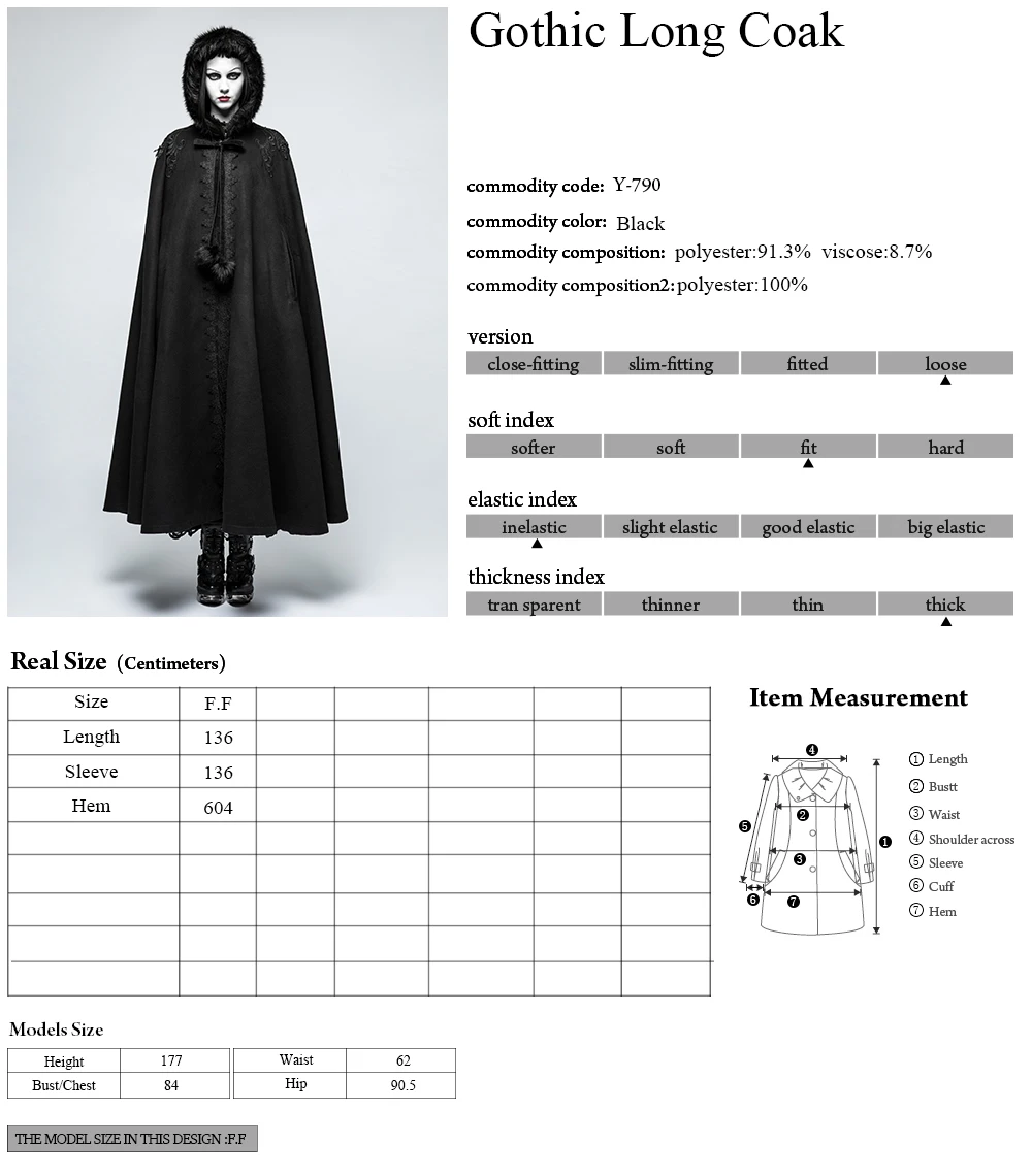PUNK RAVE Gothic Hooded Full Length Cloak Y-790