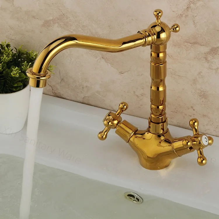 China Kitchen Faucet Gold Washbasin Mixer Tap Brass Dual Handle Faucet ...