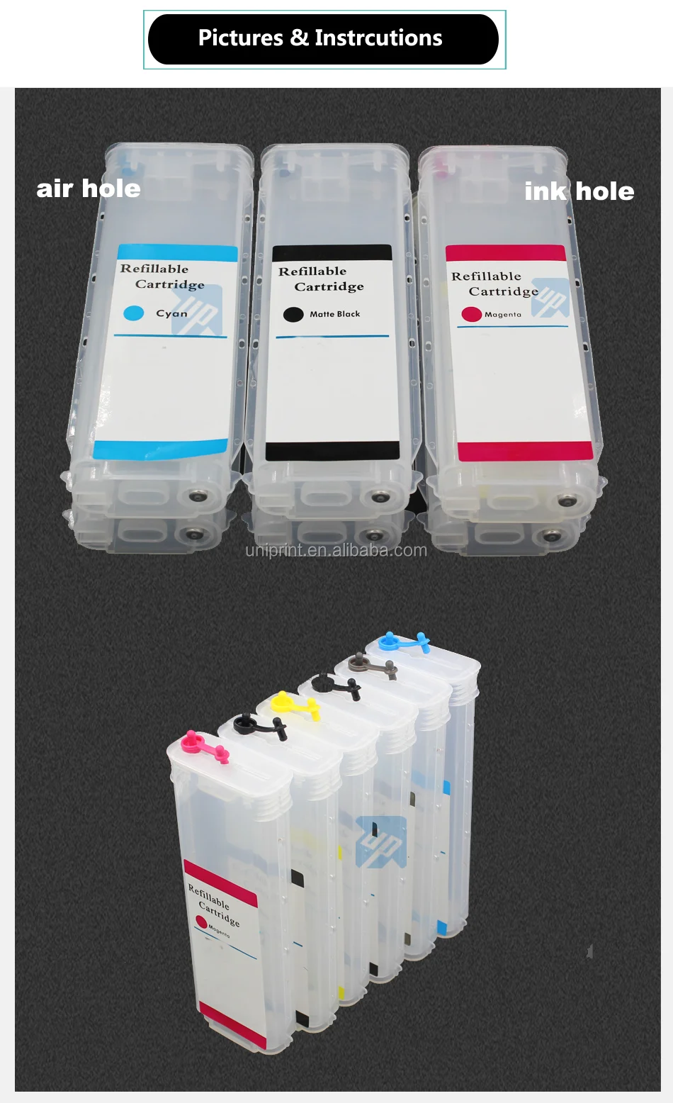 6 Colors 280ml/pc For Hp 70 Empty Refillable Ink Cartridge With Chip For Hp Z5400 Printer - Buy ...