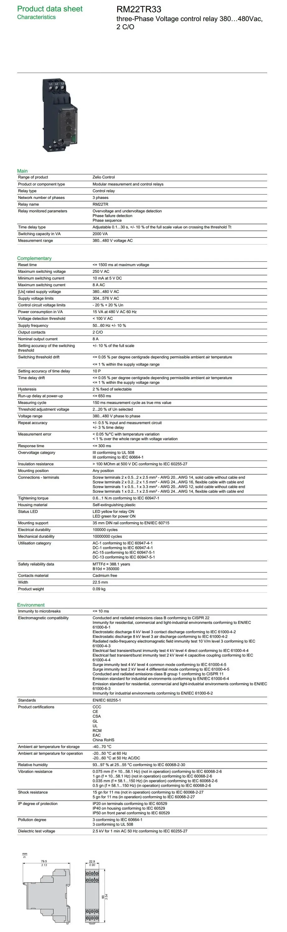 RM22TR33 Three Phase Voltage Control Relay - 380 to 480vac