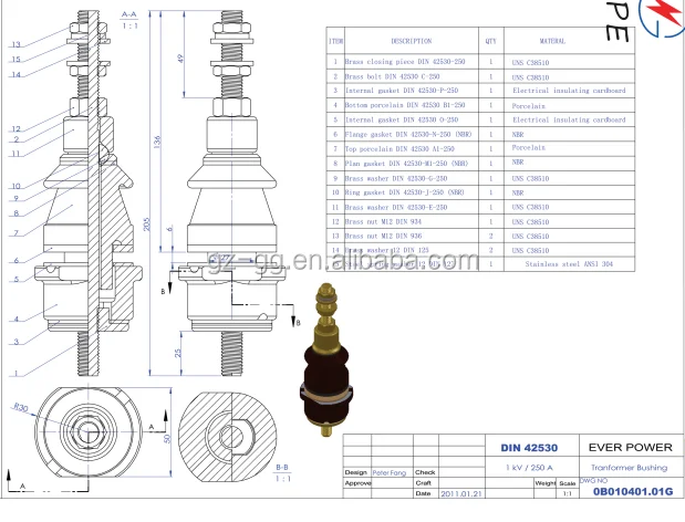 1kv / 250a Din Standard Ceramic Transformer Bushing Hv Lv Bushing - Buy ...