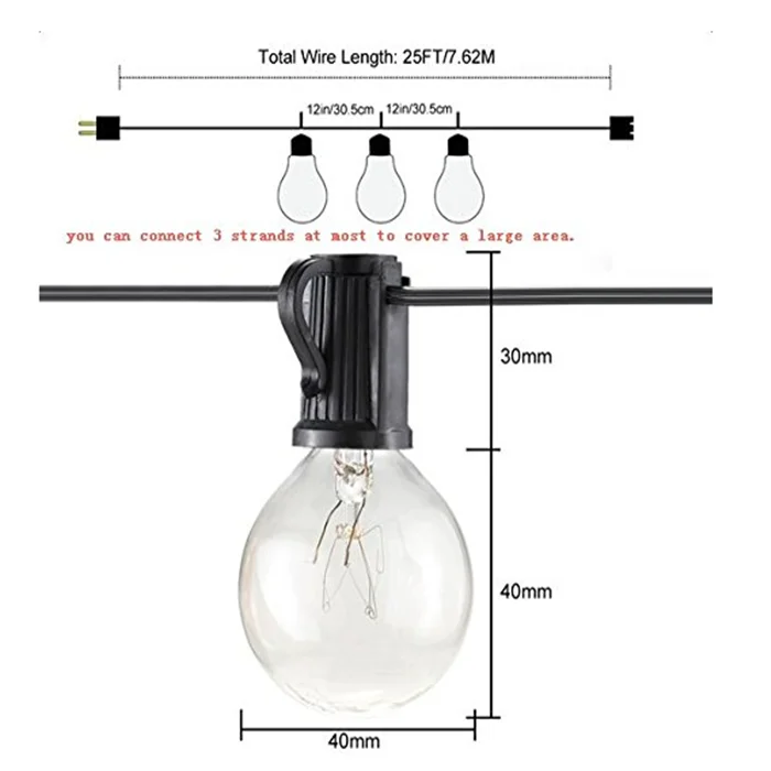 25 Feet G40 String Lights,Black Wire With 25 Clear Globe Bulbs Garden ...