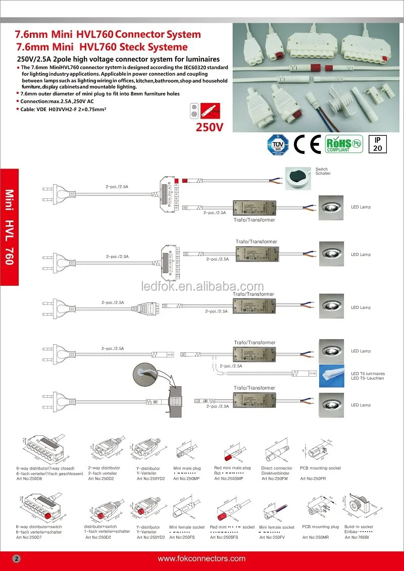 220v 2 Pin Ip54 Waterproof Connectors Ac Power Cord 250mp For Water ...