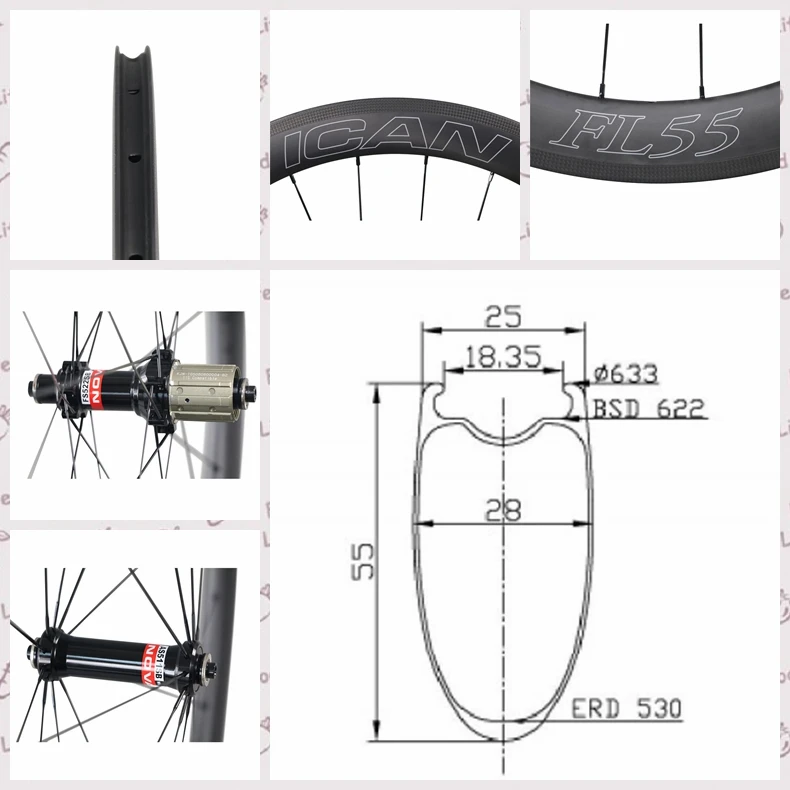 Ultra Light 55mm Depth Road Wheelset Carbon Wheels 25mm Width Bike ...