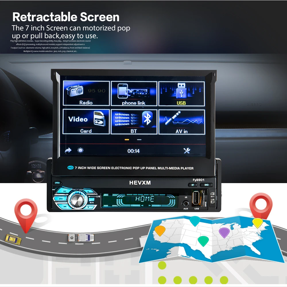 Esunway 1din 7inch Retractable Screen Head Unit - Android Radio