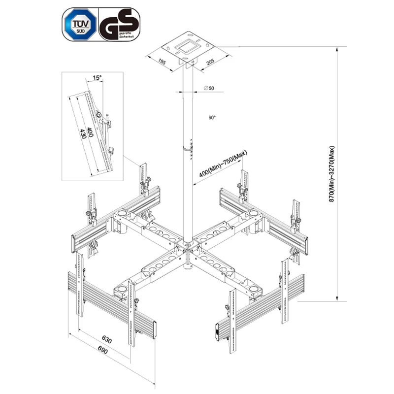 LCM4U Retractable Hanging Ceiling Mount TV Arm for Four Screens