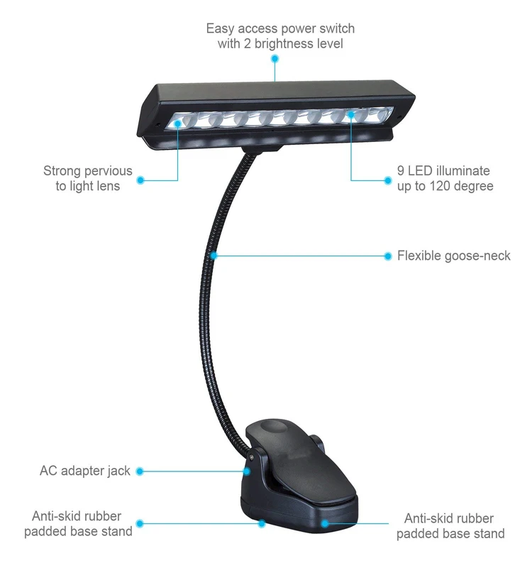 Music Stand 9 LED Light Clip on Keyboard Piano Lamp