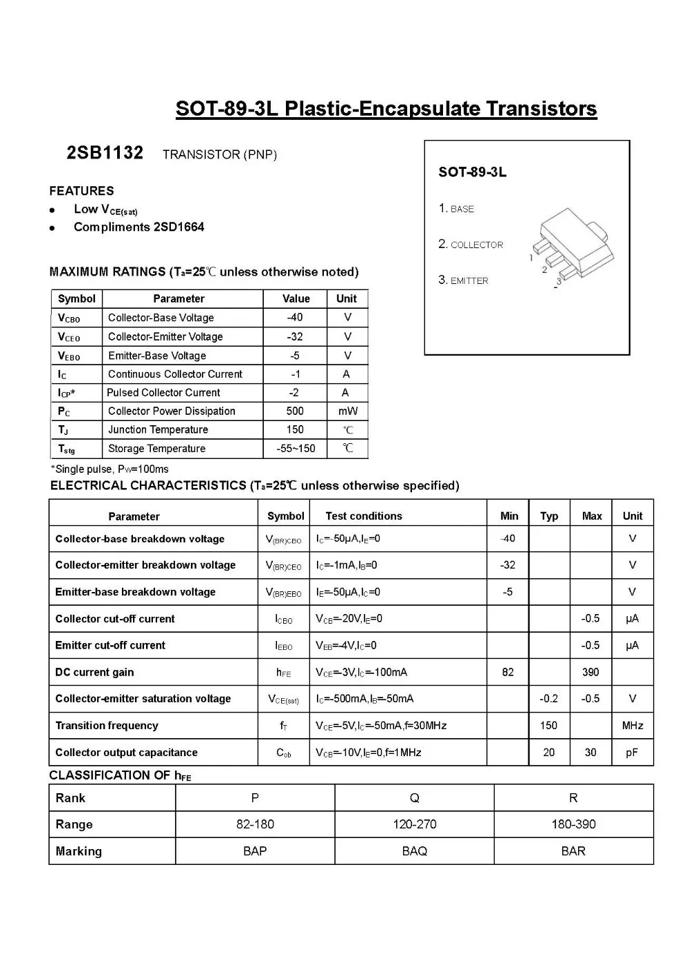 Low Vce Sot-89 Hfe 180 To 390 2sb1132 Pnp Transistor - Buy Pnp ...