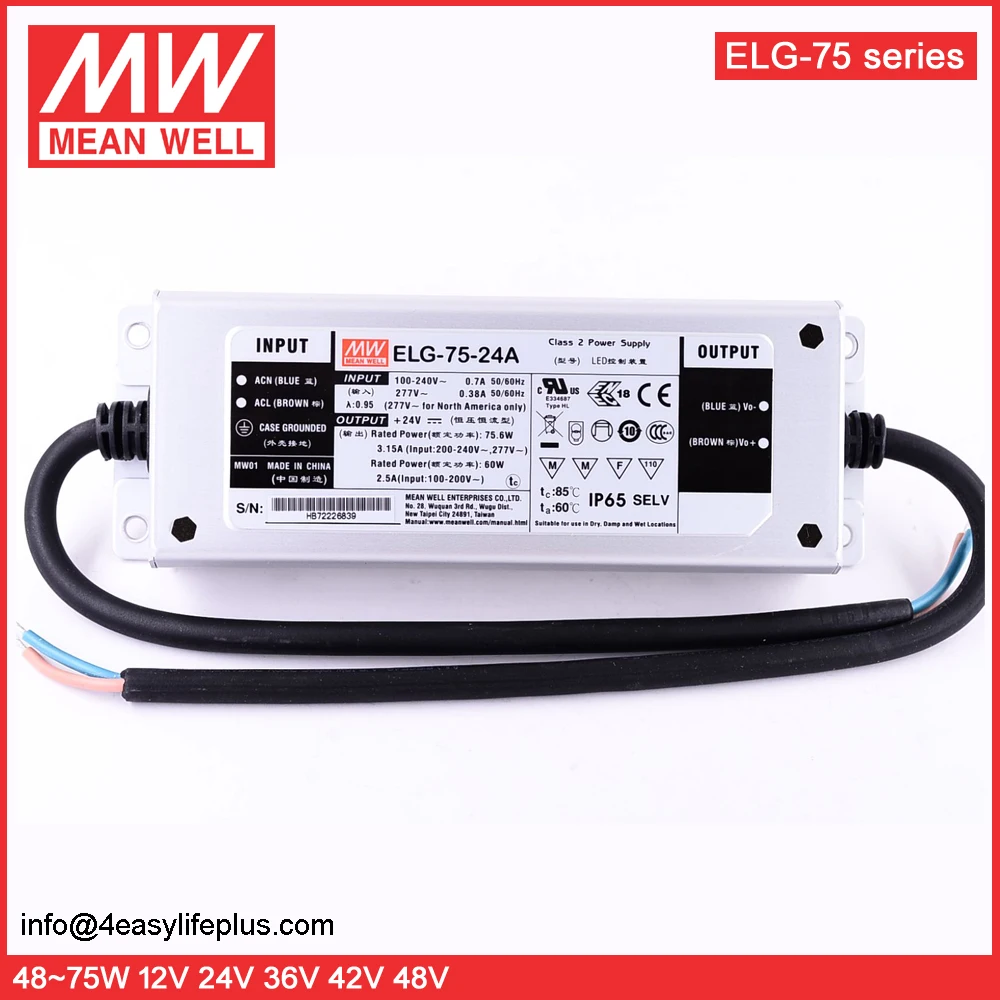 Meanwell Elg-75-24b 75w 24v Ip67 Waterproof Constant Voltage Dimmable Led Driver 24v - Buy 75w ...