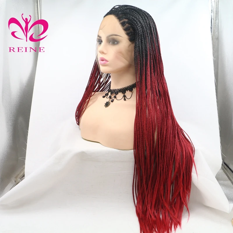 African American Full Box Braided Ombre Synthetic Lace Front Wig 1b Red ...