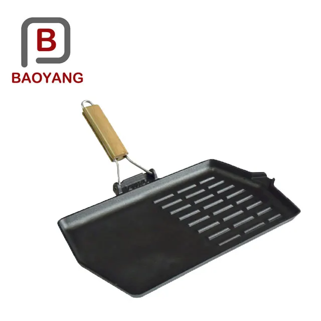 Rectangular Enamel Coated Cast Iron Deep Fry Pan With Removable Wooden ...