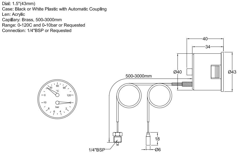 Remote Reading Pressure & Temperature Gauge With Capillary - Buy ...