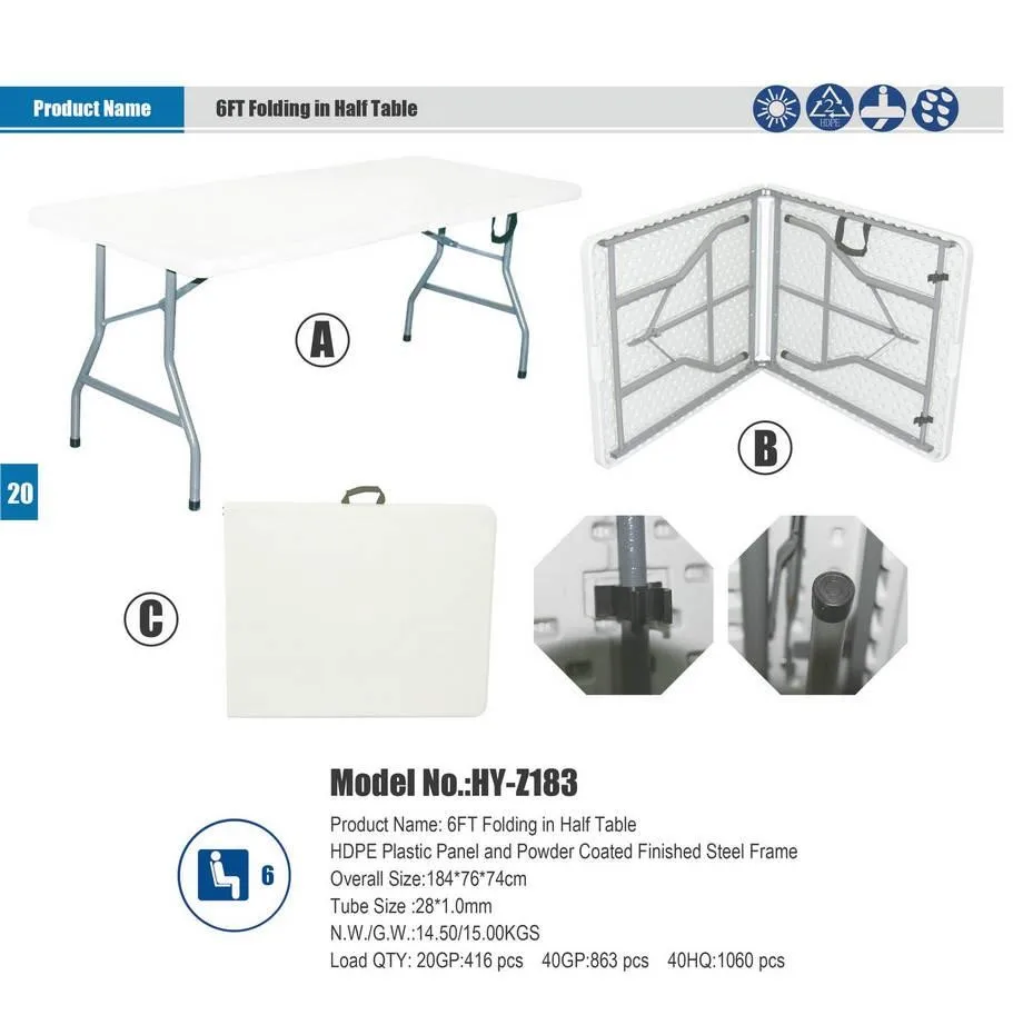 6 Ft Bi-fold Table,Plastic Portable Fold In Half Dinning Table(white ...