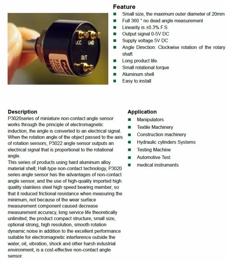 360 Degree Non-Contact Potentiometer Angle Sensor P3020-V1-CW360