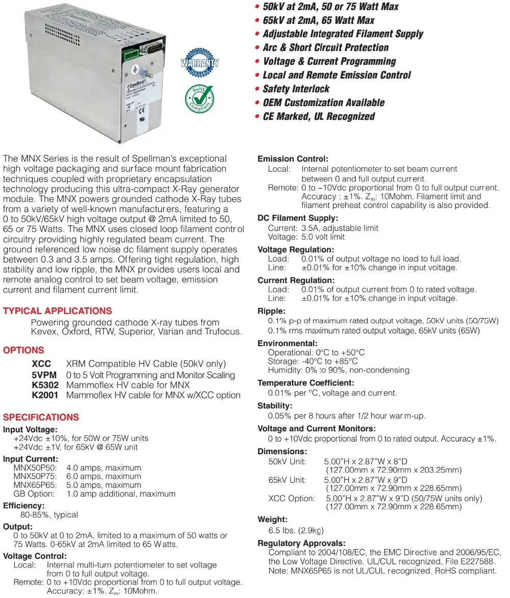 ( Spellman ) Mnx Series 50w Regulated X-ray Power Supply Module Model ...