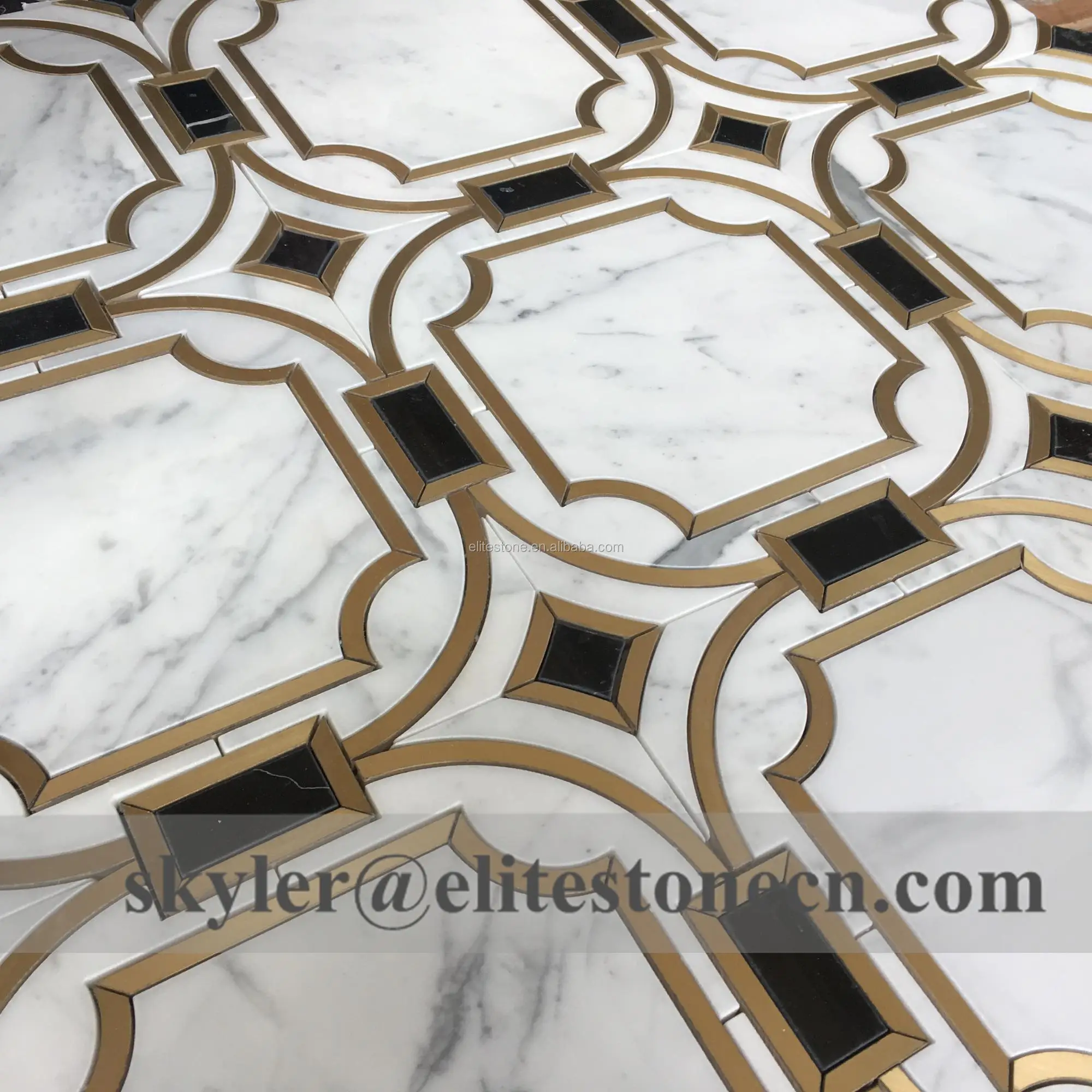 Custom Water Jet Cutting Brass Inlay Carrara White Marble Mosaic Tile