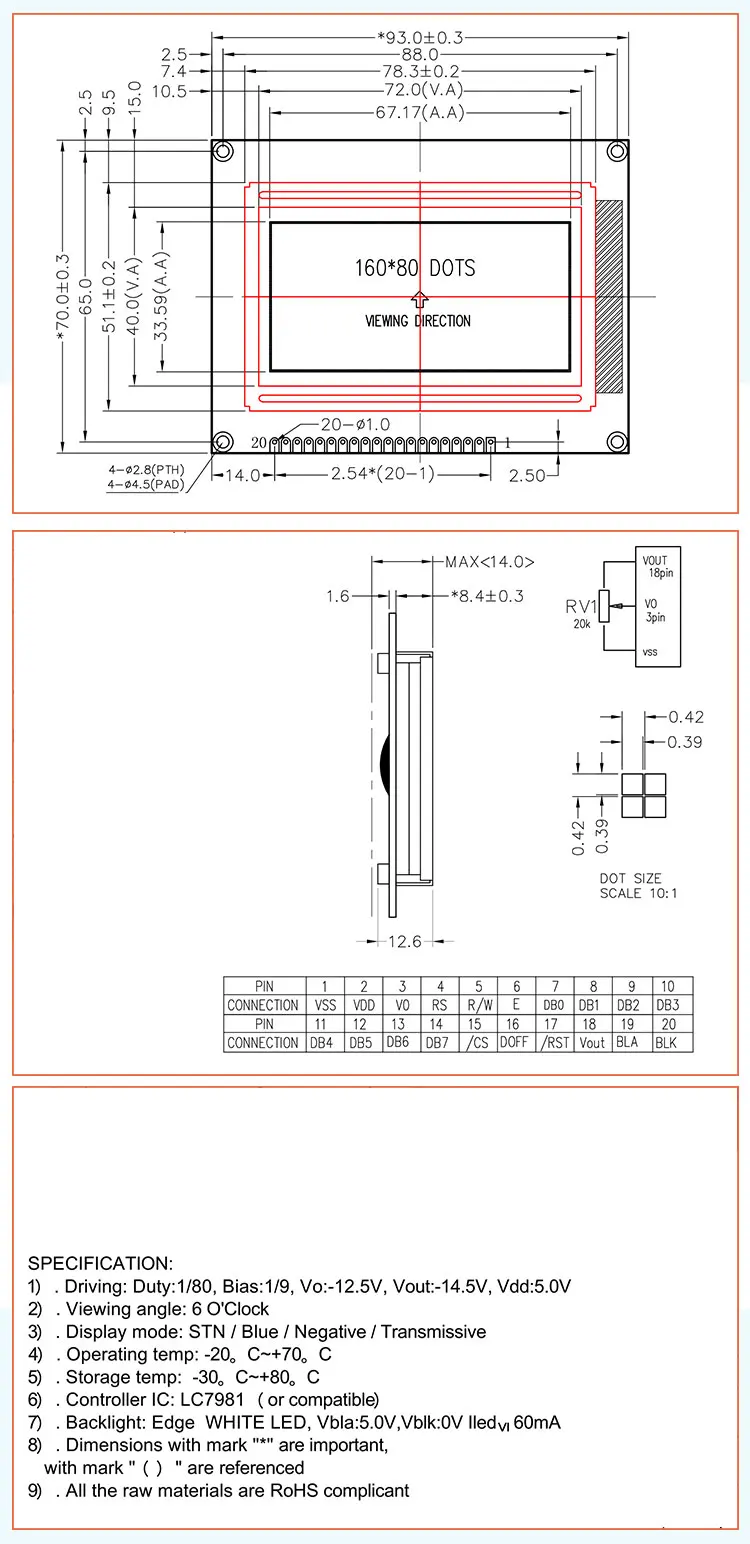 160x80 Graphic Display Module with LC7981 Controller