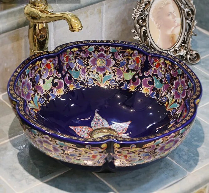 Flower Design Modern Artistic Bowl Bathroom Sink Wash Bain Ceramic ...