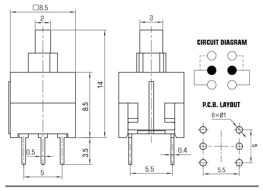 No Nc Self-Locking 6 Pin 2 Step Square Push Button Switch