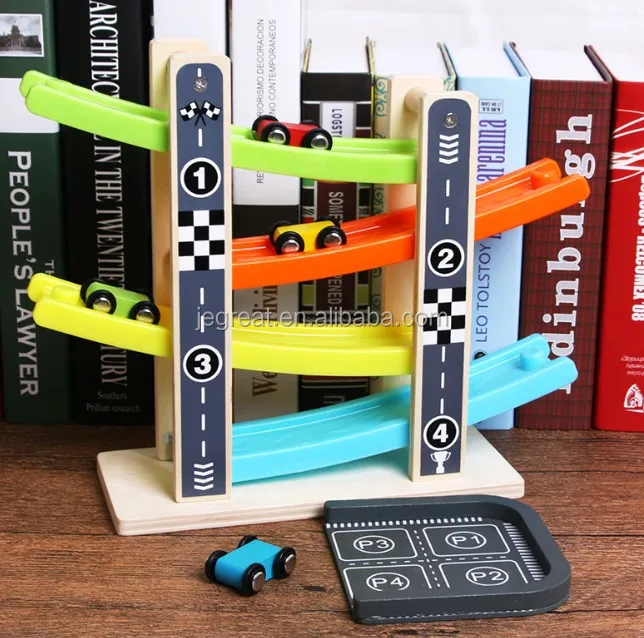 Wooden Race Car Ramp Set - 4 Lanes for Kids' Fun & Learning