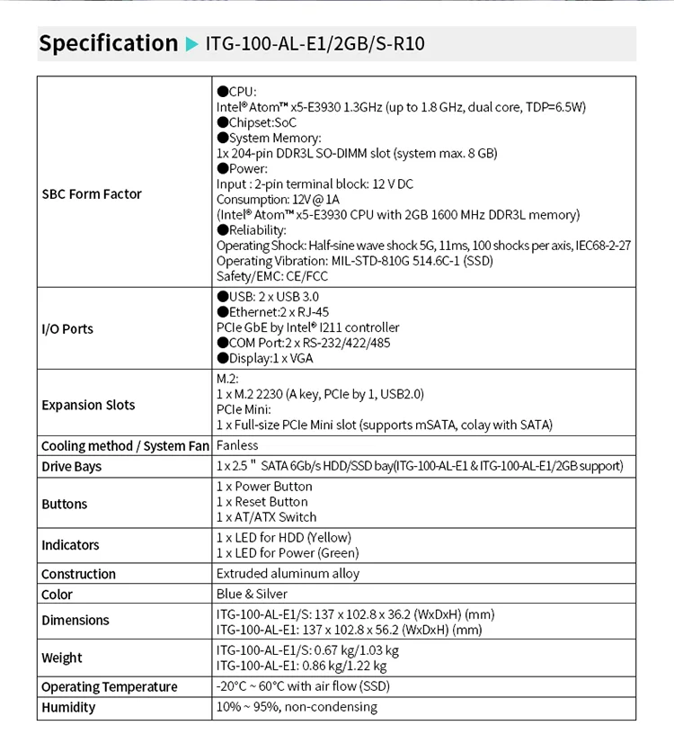 Iei Itg-100-al-e1/2gb/s Fanless Embedded Mini Pc With Intel Apollo Lake X5-e3930 1.3ghz (up To 1 ...