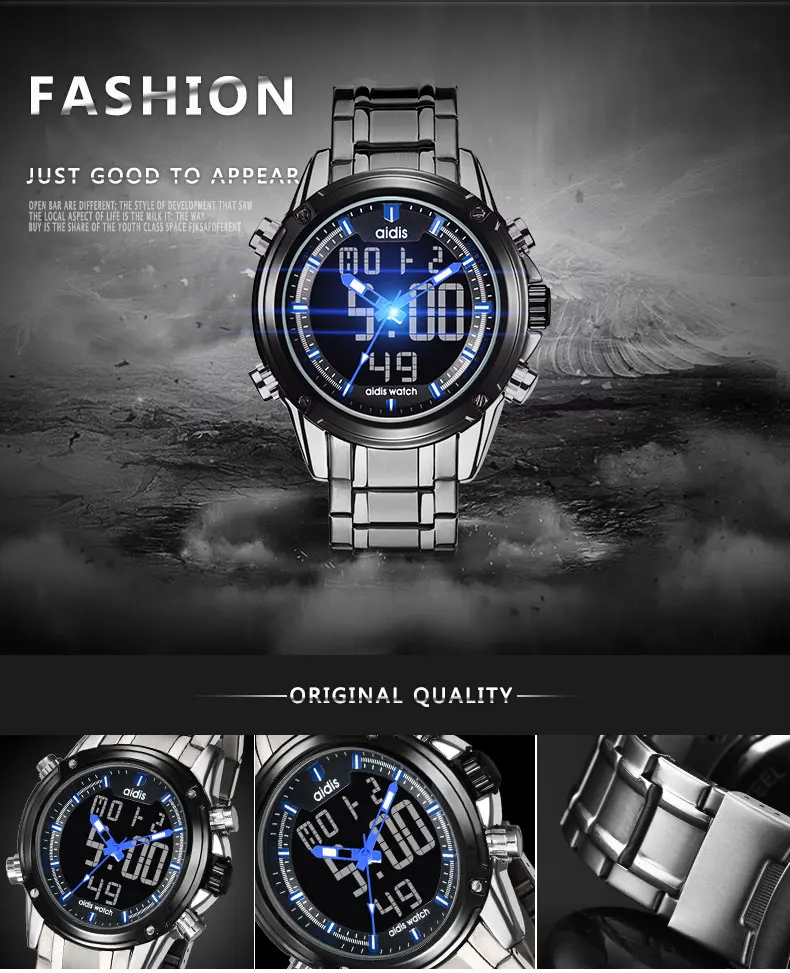 Addies Brand Watch Multifunction Dual Time Sports Watches Men Stainless ...