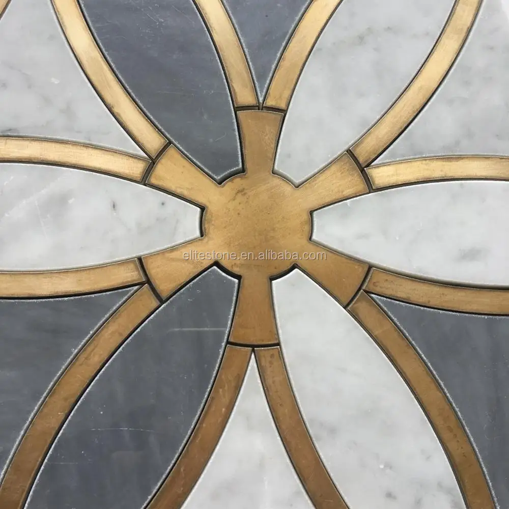 Waterjet Marble Mosaic With Brass Inlay Italy Grey Flower Pattern Tile ...