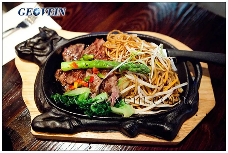 Cast Iron Hot Sizzle Sizzling Sizzler Steak Plate With Wooden Base For ...