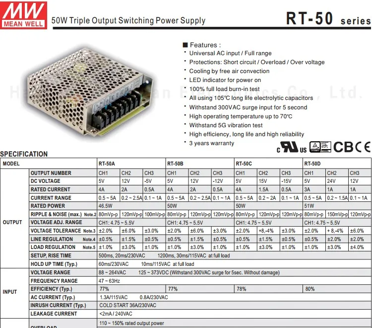 Mean Well RT-50B 50w Triple Output 5V 12V -12V Power Supply| Alibaba.com