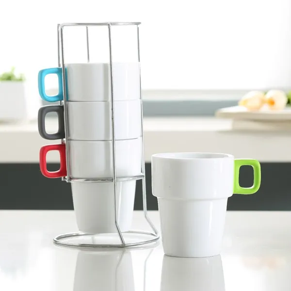 280cc Stackable Coffee Mugs With Rubber Coating Handles And Rack - Buy ...
