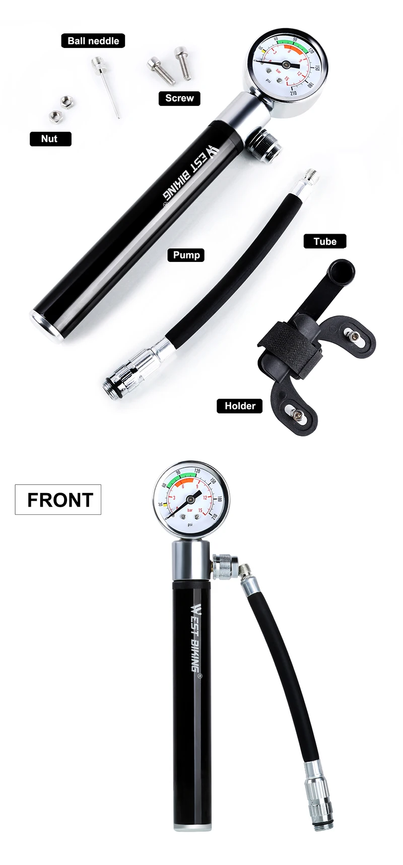 West Biking Bike Pump With Pressure Gauge 120 Psi Hand Cycling Pump ...