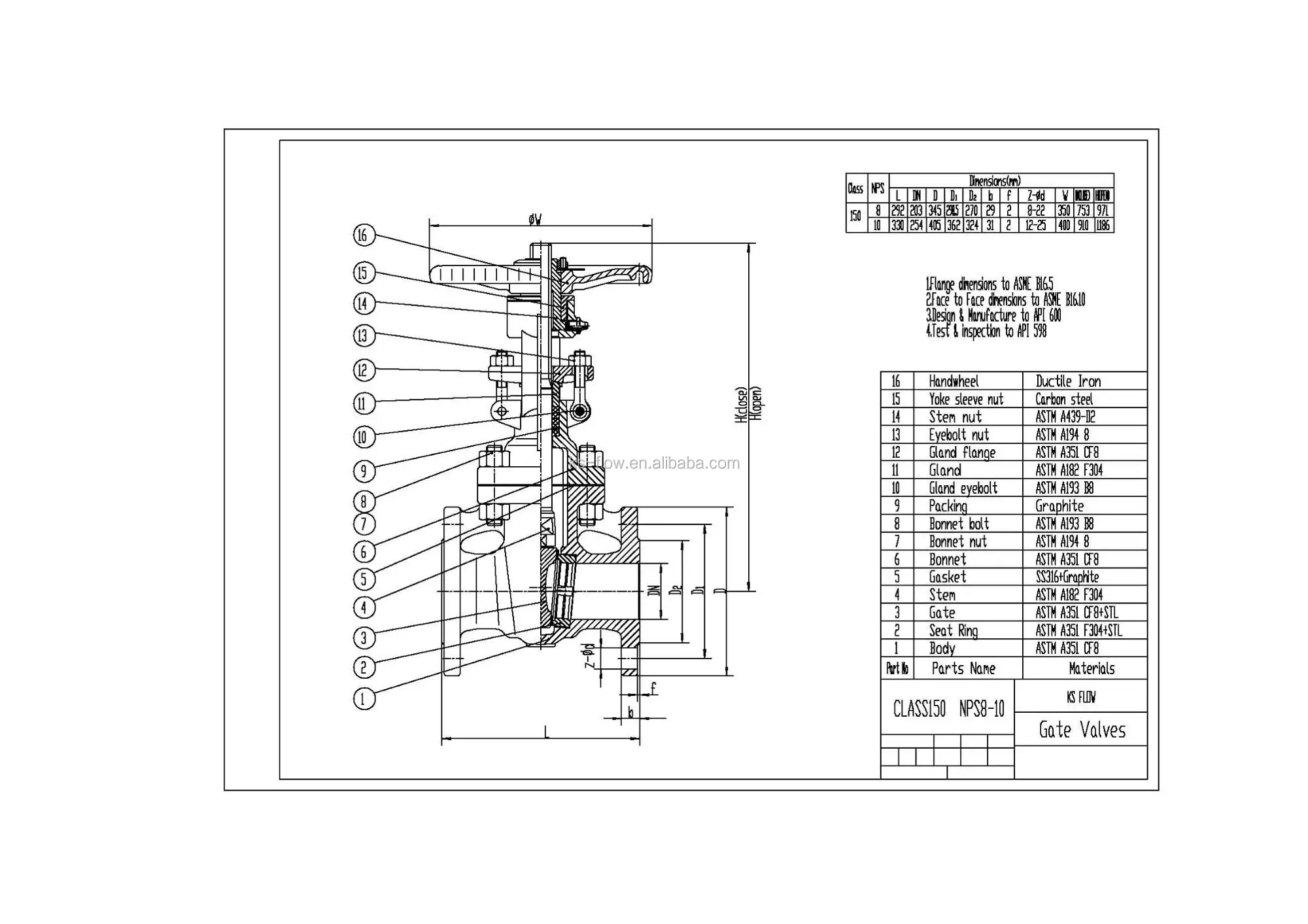 8 Inch Flanged Single Wedge Sluice Gate Valve Drawing
