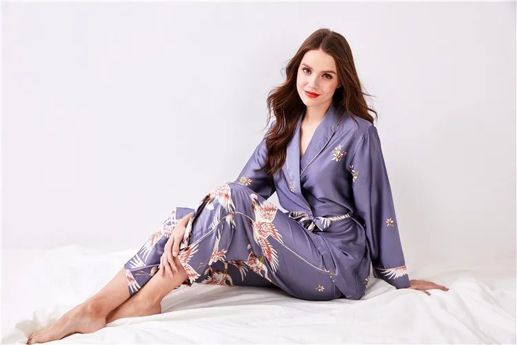 Soft Pj Set Red-crowned Crane Printed Sleepwear Women's Long Sleeve ...