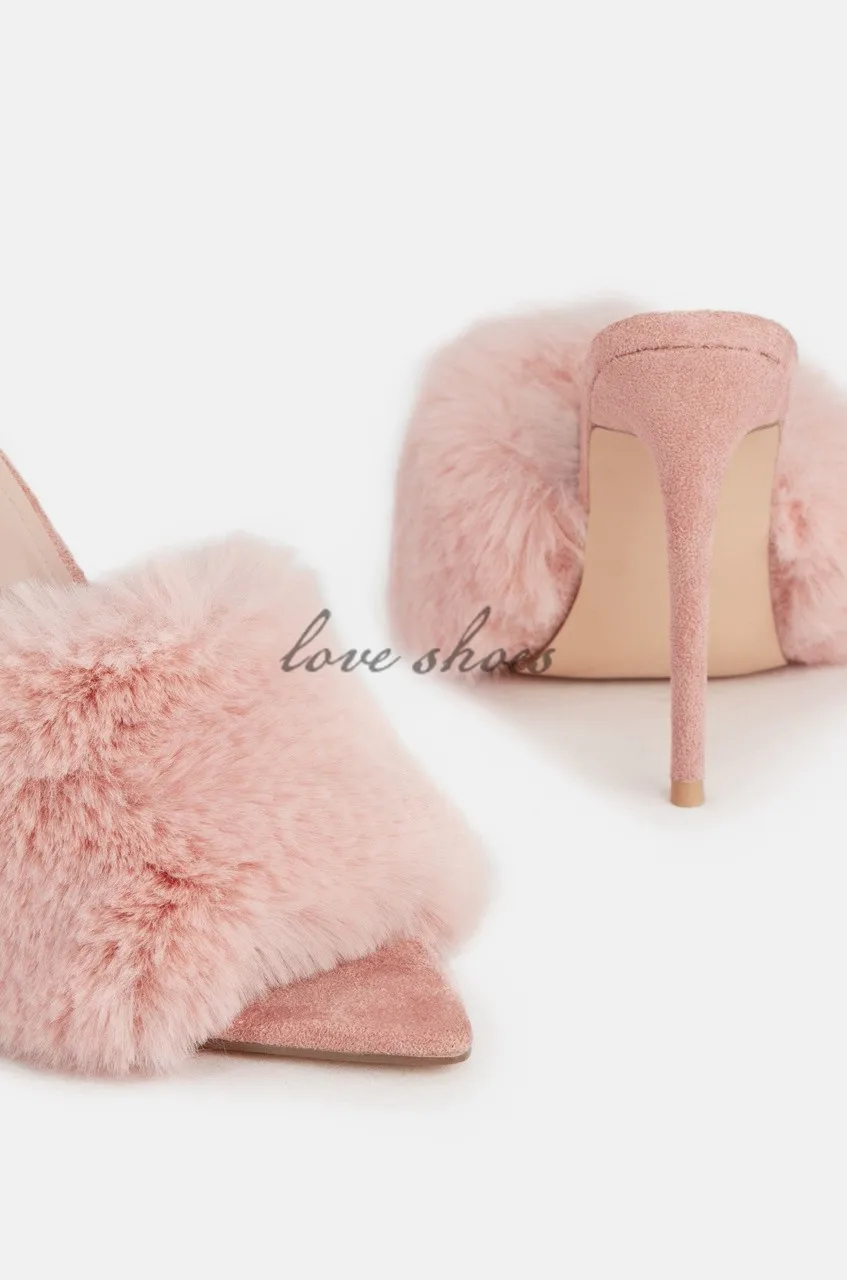12cm Fashion Design Faux Fur Upper Stiletto Heels Mules Ladies Pointed ...